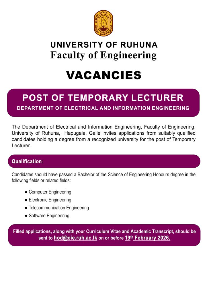 Vacancies in the Post of Temporary Lecturer - Department of Electrical ...