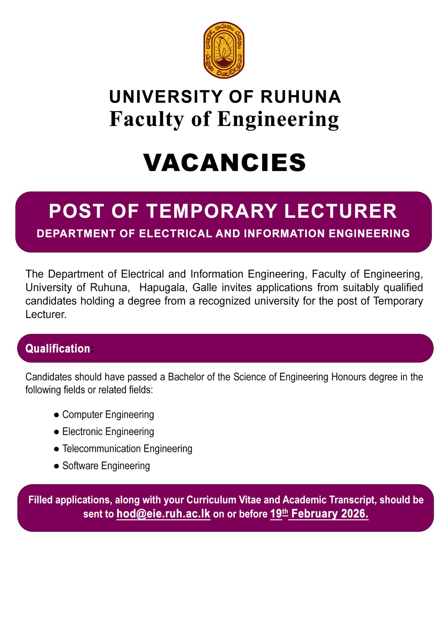 Post of Temporary Lecturer – Faculty of Engineering, University of Ruhuna